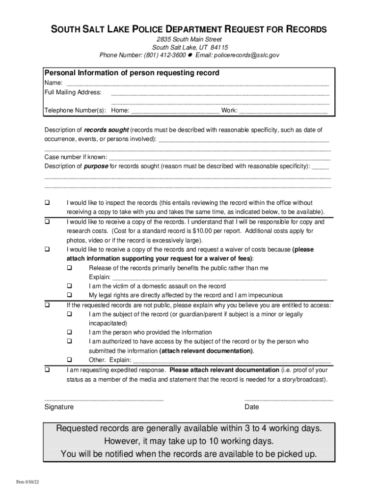 Fillable Online south salt lake police department request for records ...
