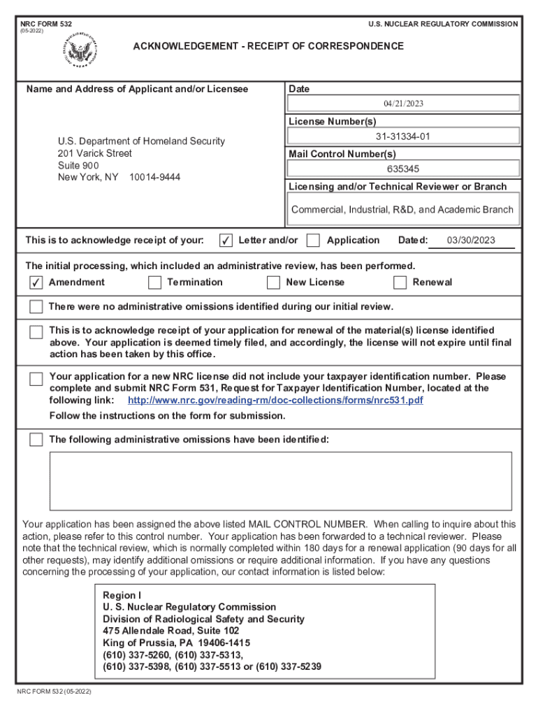 Fillable Online U.S. Department of Homeland Security; NRC Form 532 ...