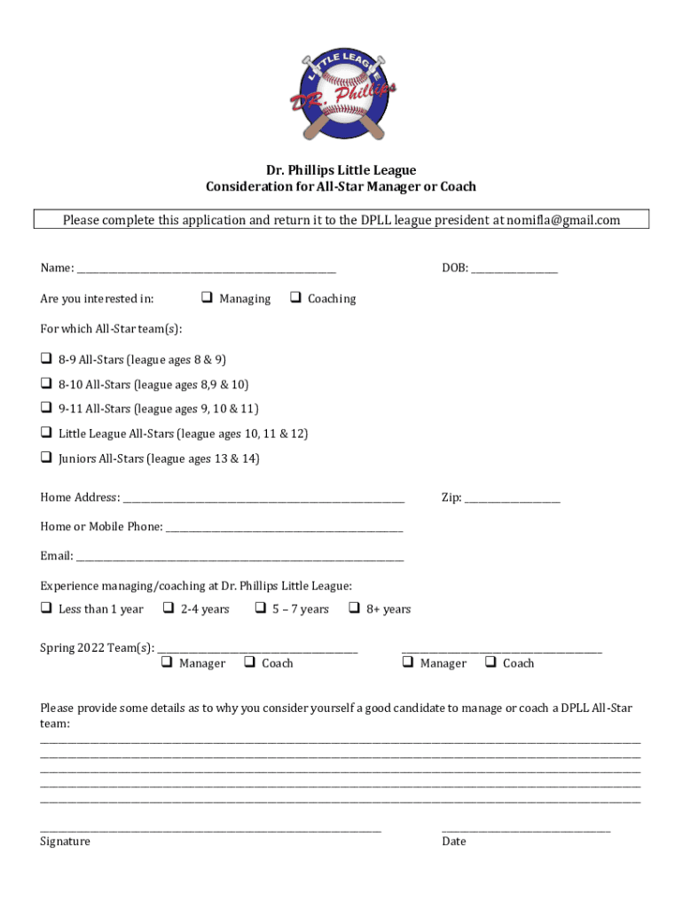 Fillable Online Coaching Application - DPLL's Sponsors Fax Email Print - pdfFiller