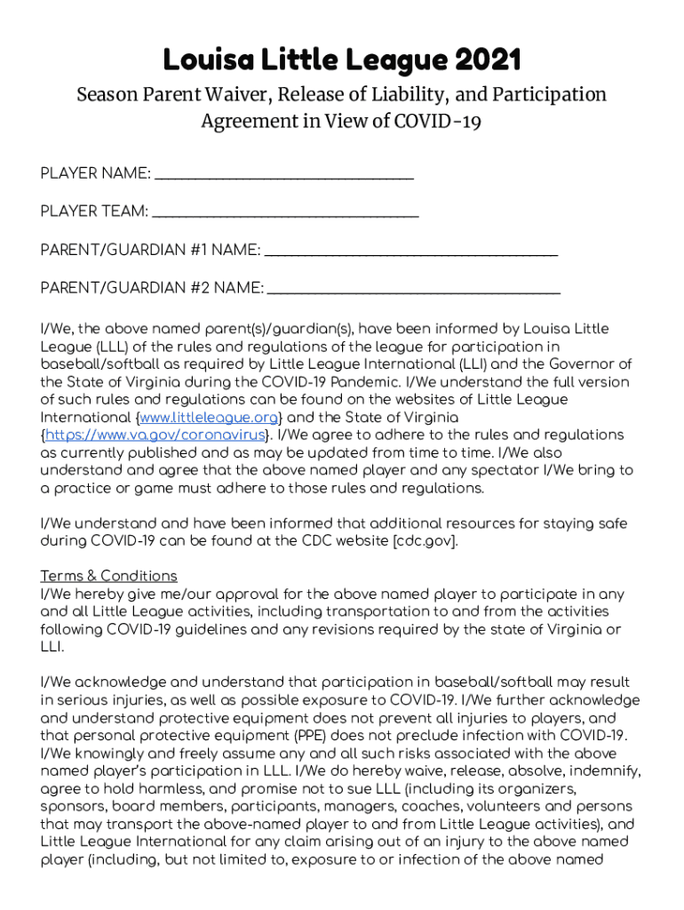 Fillable Online Louisa Little League Form Release and Waiver 2021 ...