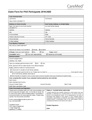 Fillable Online Claim Form for PAX Participants 2019-2020 Fax Email ...