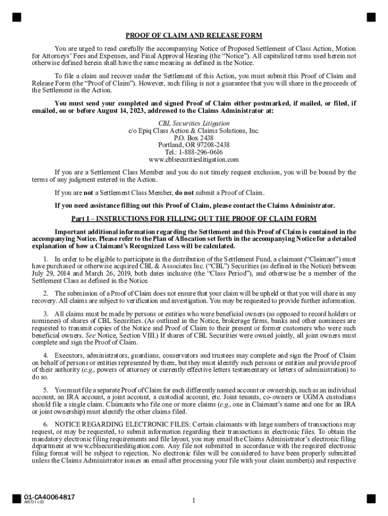 Fillable Online 01-CA40064817 1 PROOF OF CLAIM AND RELEASE FORM ... Fax ...