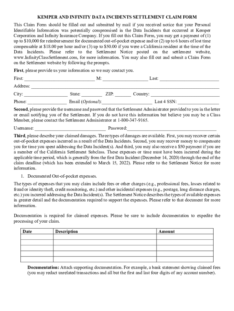 Fillable Online Kemper and Infinity Data Incidents Settlement Claim ...