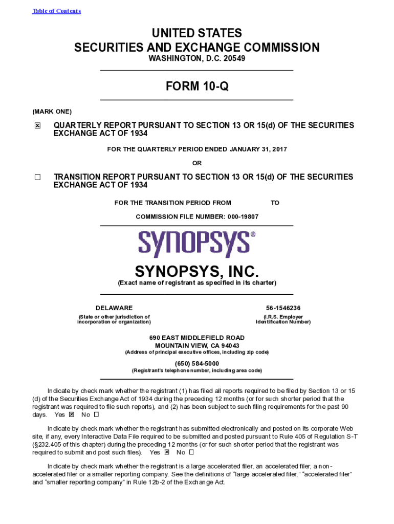 Fillable Online SNPS Form 10-Q Q1'17 Fax Email Print - pdfFiller