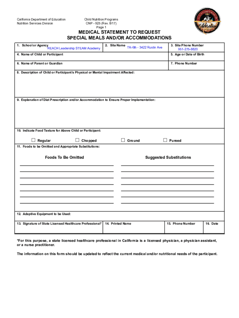Fillable Online medical statement to request - special meals and/or ...