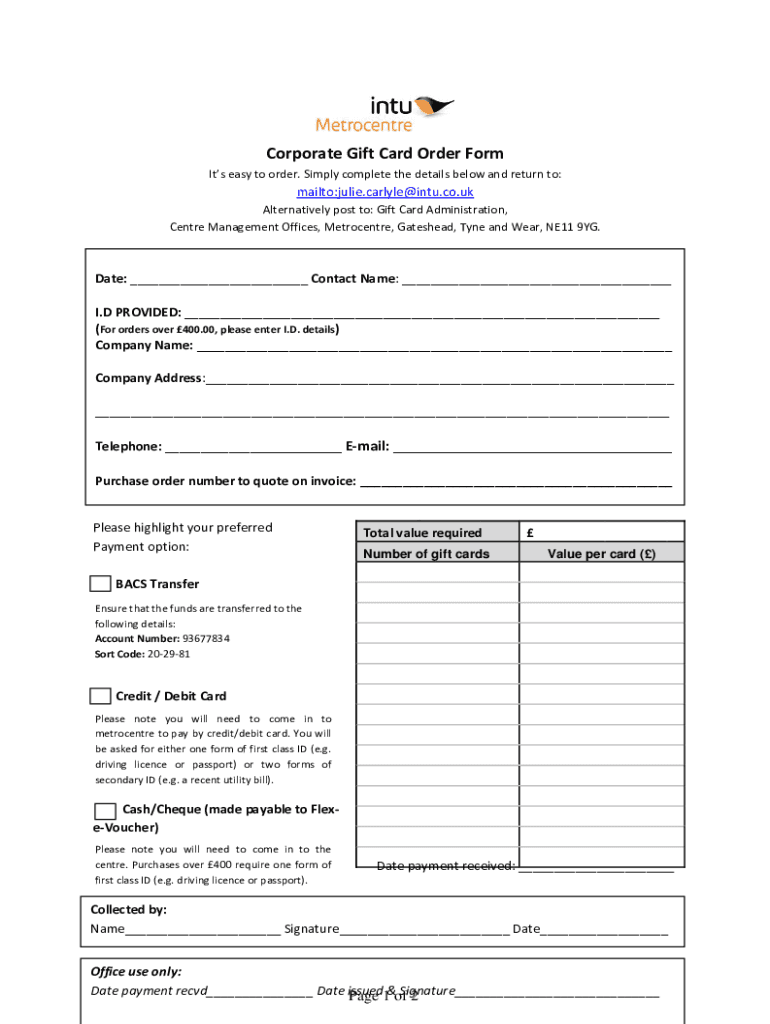 Fillable Online Corporate Gift Card Order Form - intu Metrocentre Fax ...