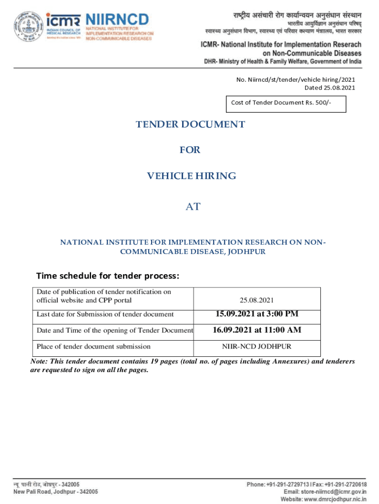 Fillable Online tender document for vehicle hiring - ICMR-NIIRNCD ...
