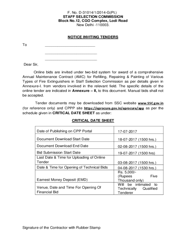 Fillable Online 110003 NOTICE INVITING TENDER Sealed tenders (Two Bi ...