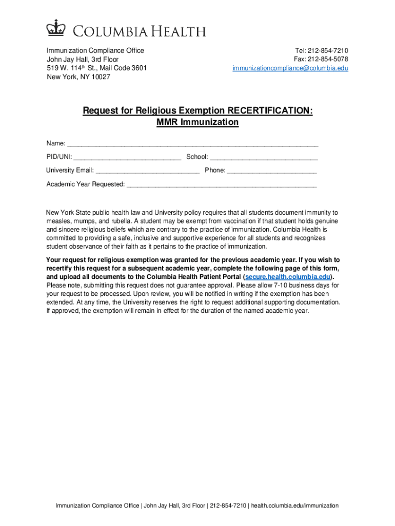Fillable Online Request for Religious Exemption RECERTIFICATION. MMR ...