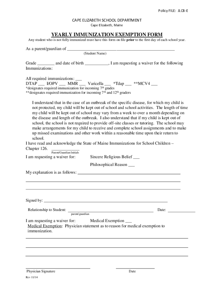 Fillable Online Yearly Immunization Exemption Form Fax Email Print - pdfFiller