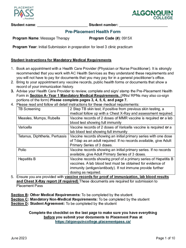Fillable Online Clinical Pre-Placement Health Form Community Pharmacy ...