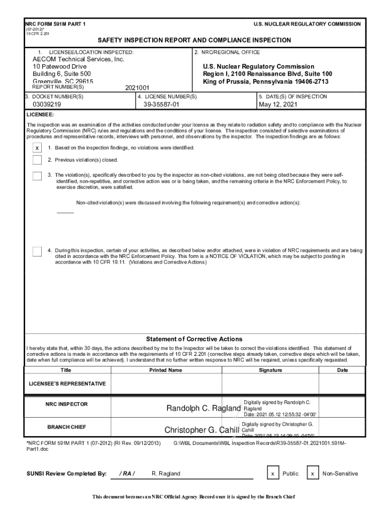 Fillable Online AECOM, NRC Form 591M Part 1, Inspection Report No ...