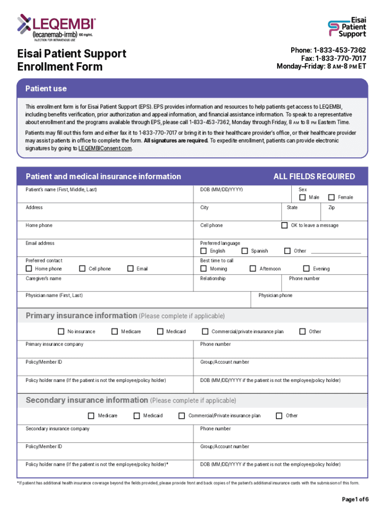 Fillable Online Eisai Patient Support Enrollment Form Fax Email Print ...