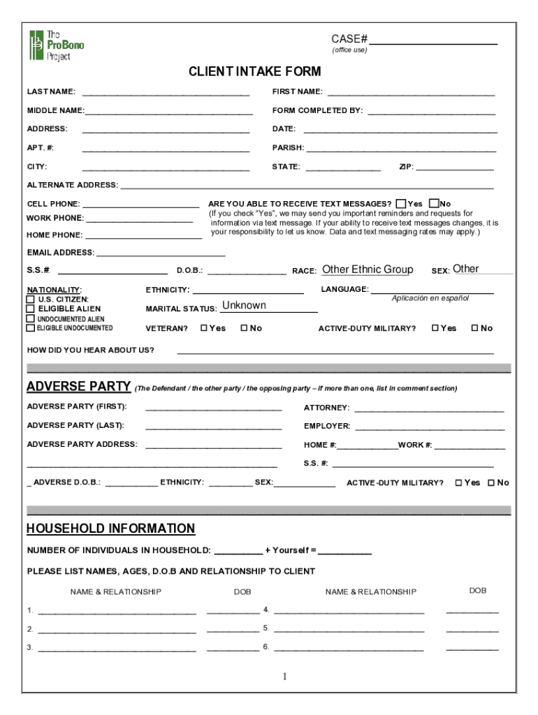 Fillable Online CLIENT INTAKE FORM HOUSEHOLD INFORMATION Fax Email Print - pdfFiller