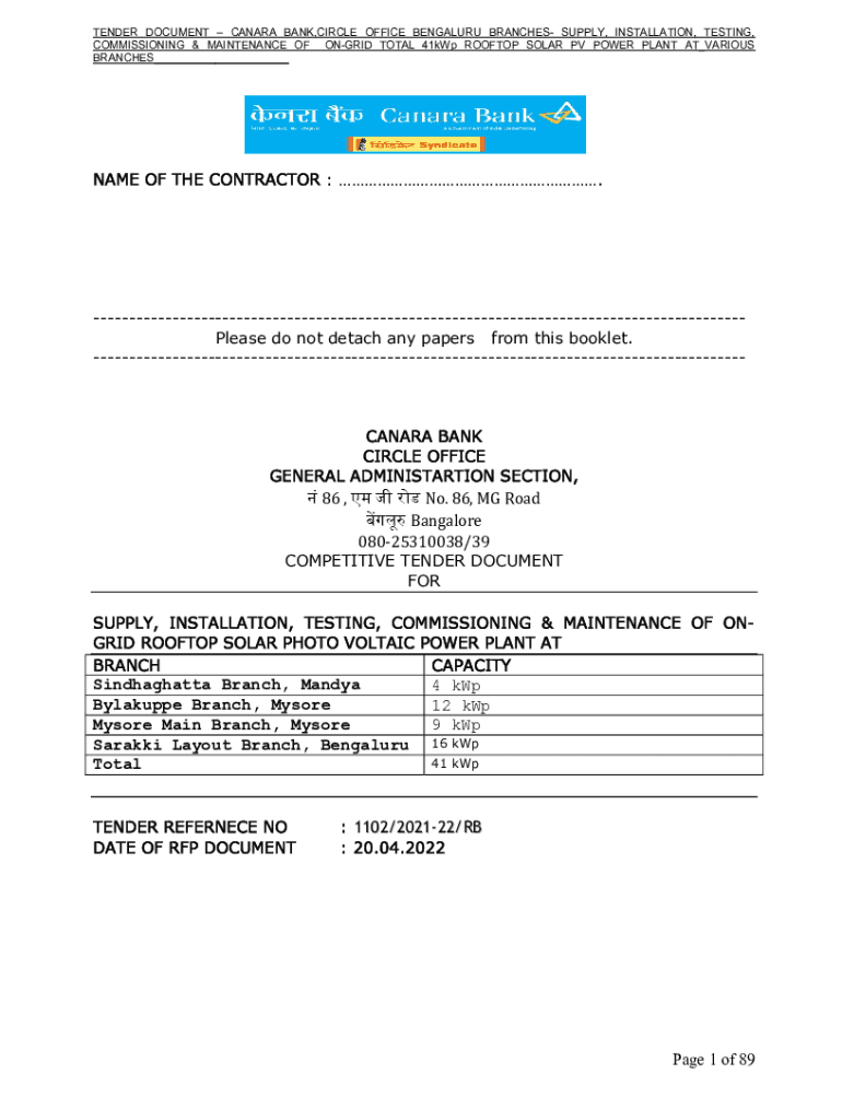 Fillable Online TENDER DOCUMENT SOLAR ROOFTOP PLANTS -DRAFT (1) (1 ...