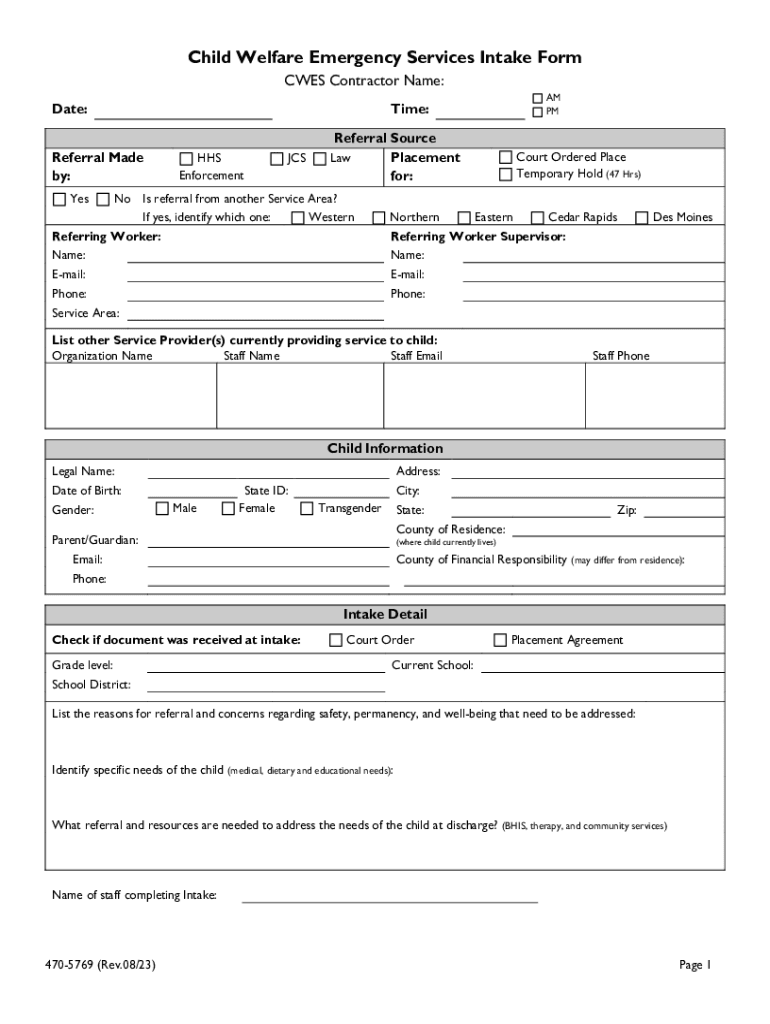 Fillable Online 470-5769, Child Welfare Emergency Services Intake Form ...