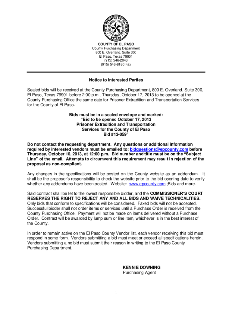 Fillable Online Bid # 13-059 Prisoner Extradition and Transportation ...