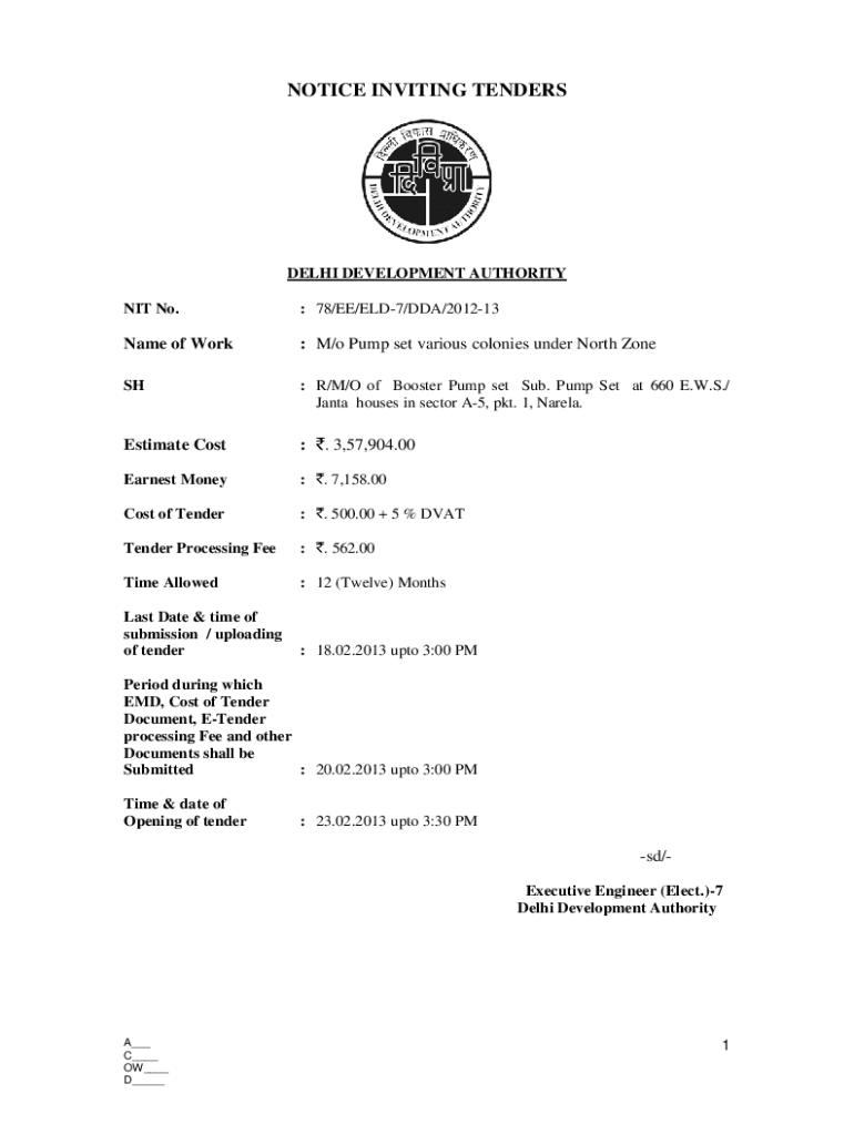 Fillable Online NIT No.. R/M/O of Booster Pump set Sub. Pump Set at 660 ...