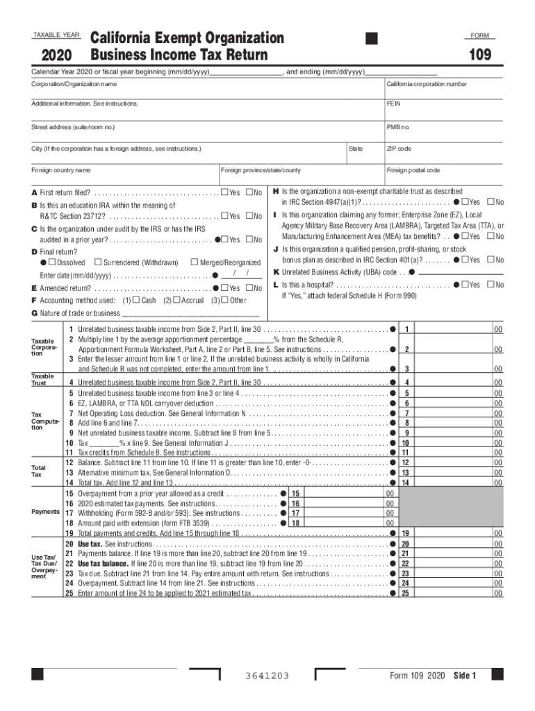 Fillable Online 2020 Form 109 California Exempt Organization Business ...