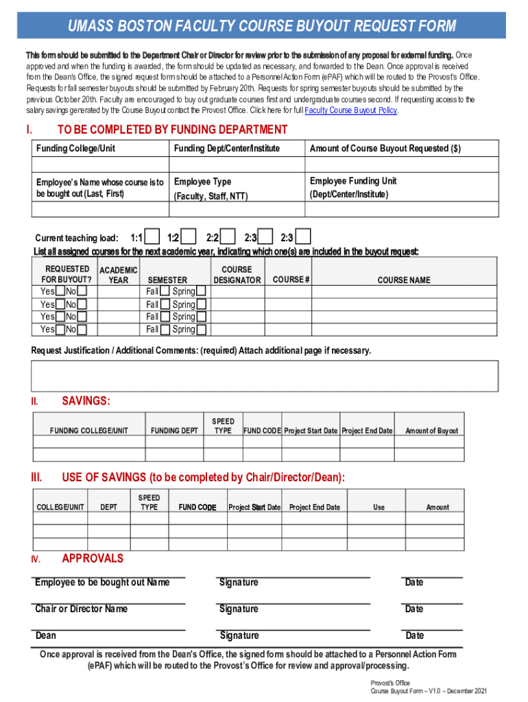 Fillable Online UMASS BOSTON FACULTY COURSE BUYOUT REQUEST FORM Fax ...