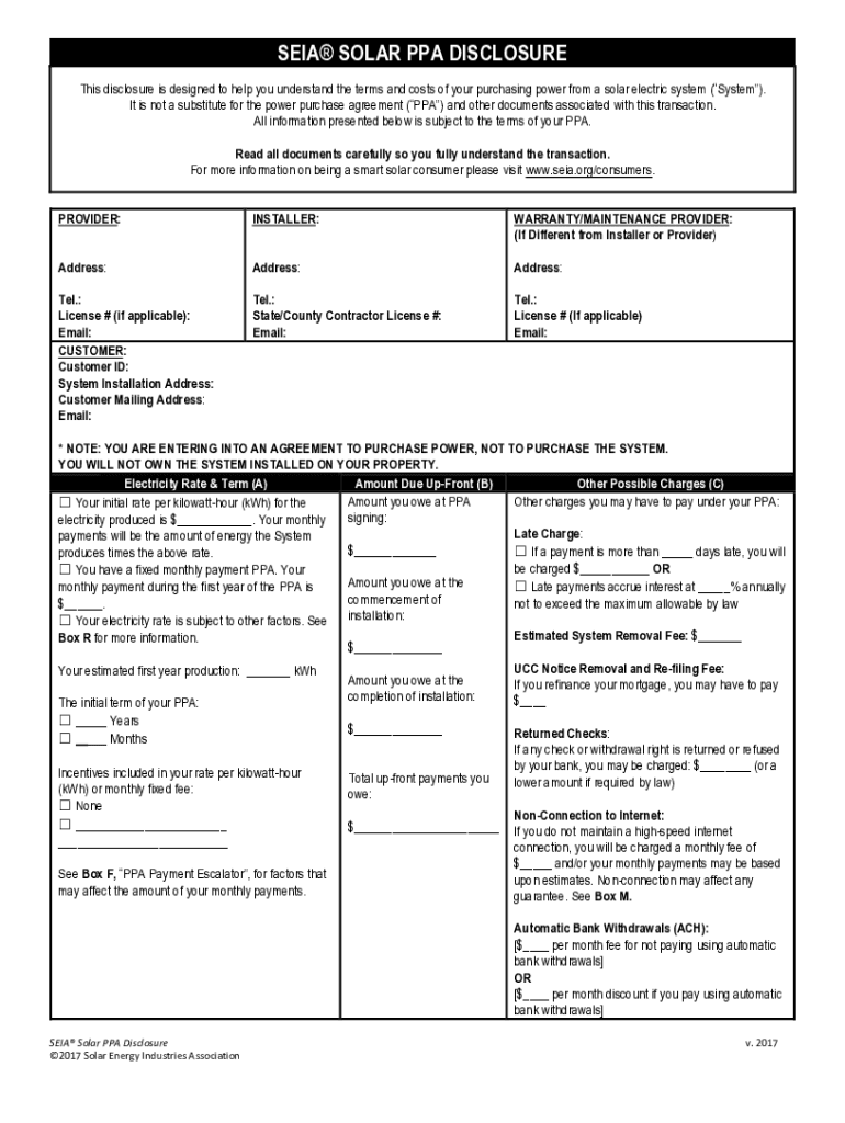 Fillable Online SEIA SOLAR PPA DISCLOSURE STATEMENT Fax Email Print ...