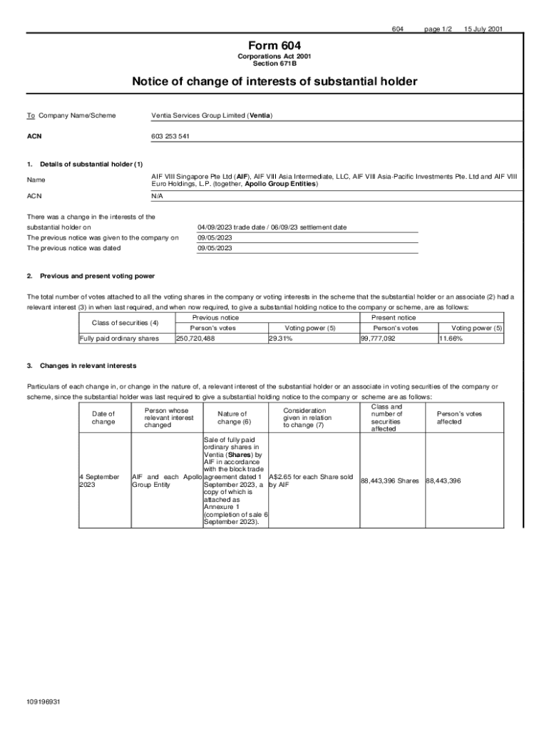 Fillable Online Apollo - ASIC Form 604 (draft 4 September 2023). ASIC ...