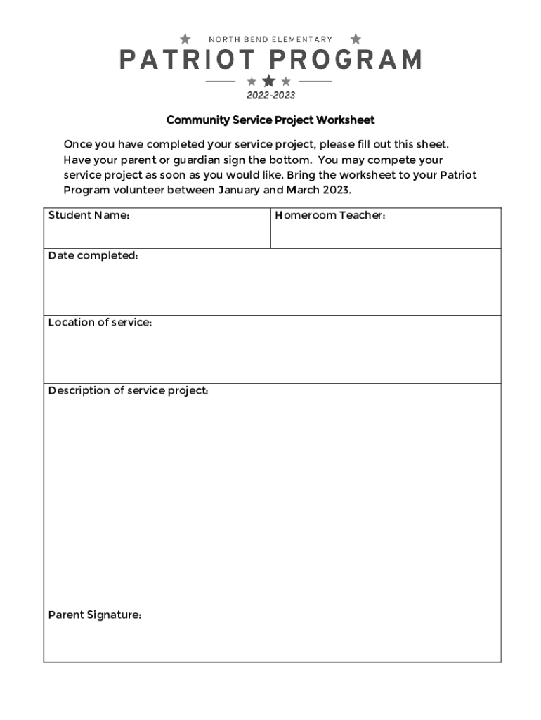 Fillable Online Patriot Program Community Service form 22-23 GRADES 1-5 ...