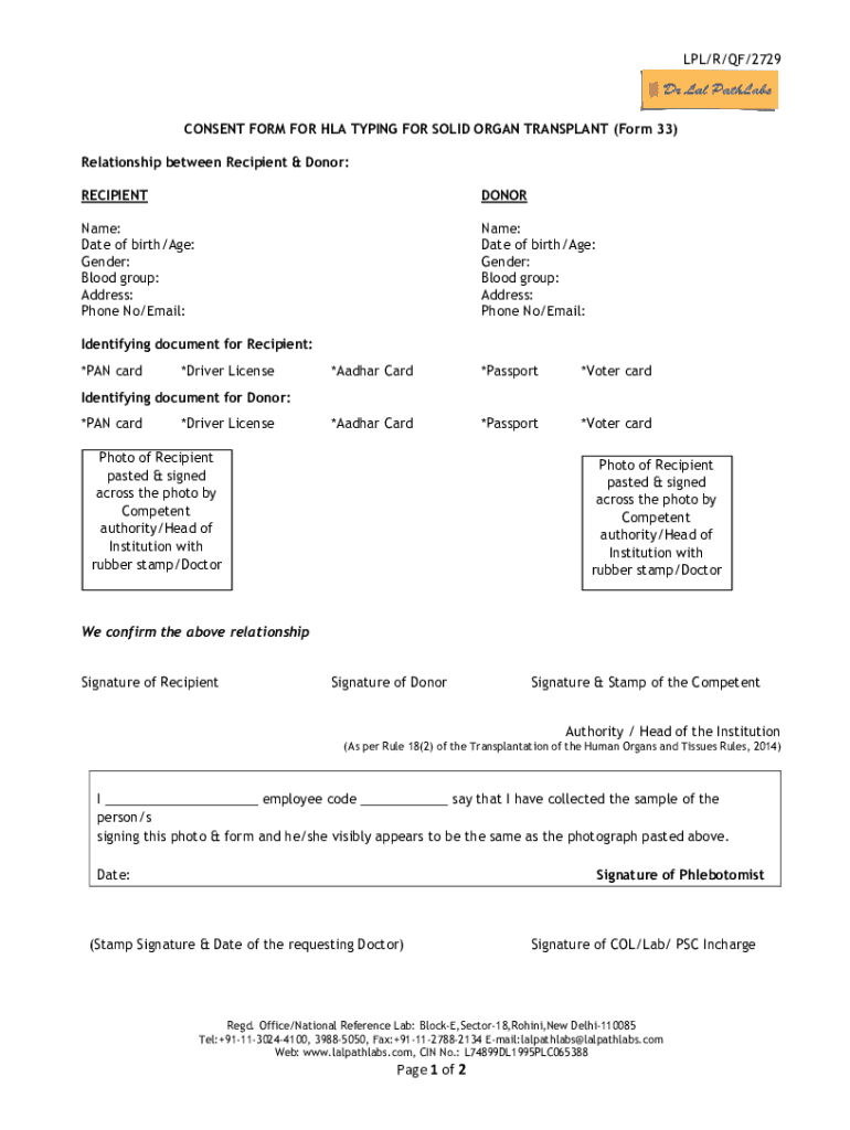 Fillable Online CONSENT FORM FOR HLA TYPING FOR SOLID ORGAN ... Fax ...