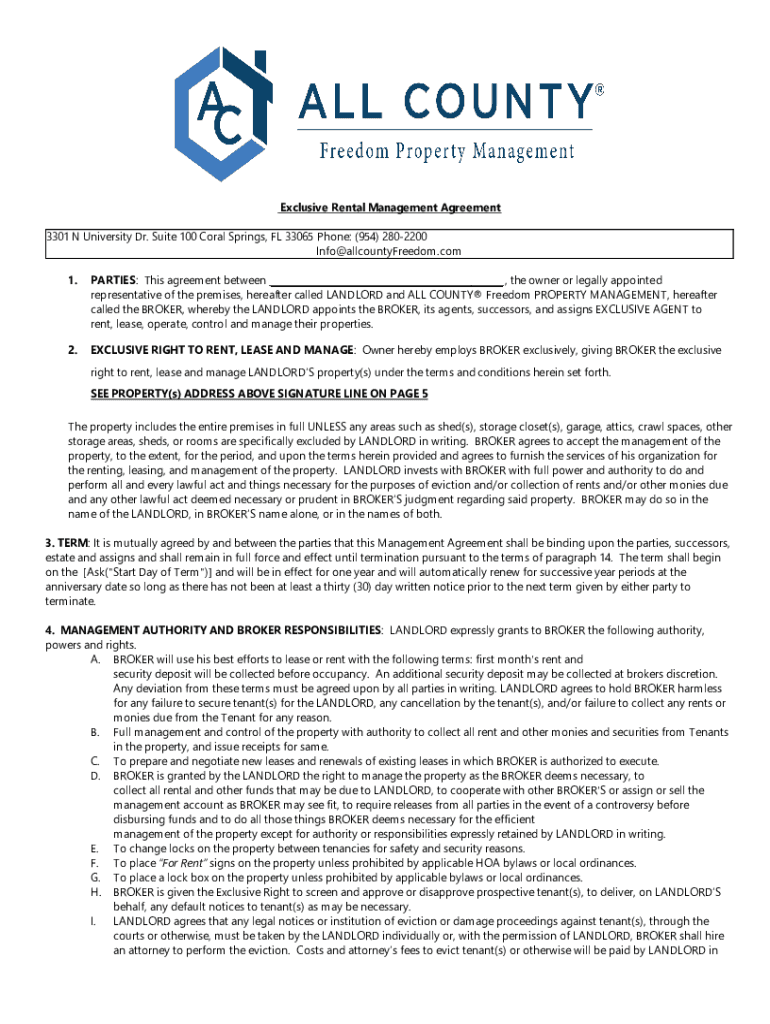 Fillable Online Realty Masters Exclusive Property Management Agreement ...