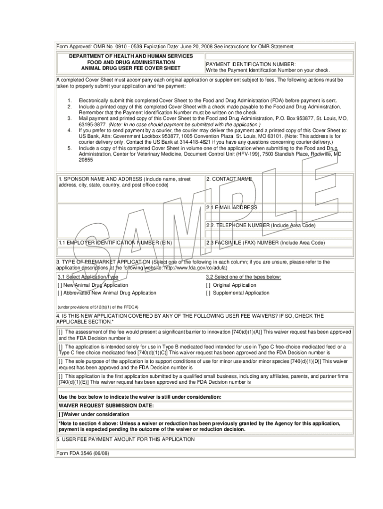 Fillable Online Form 3546 Animal Drug User Fee Cover Sheet Fax Email ...