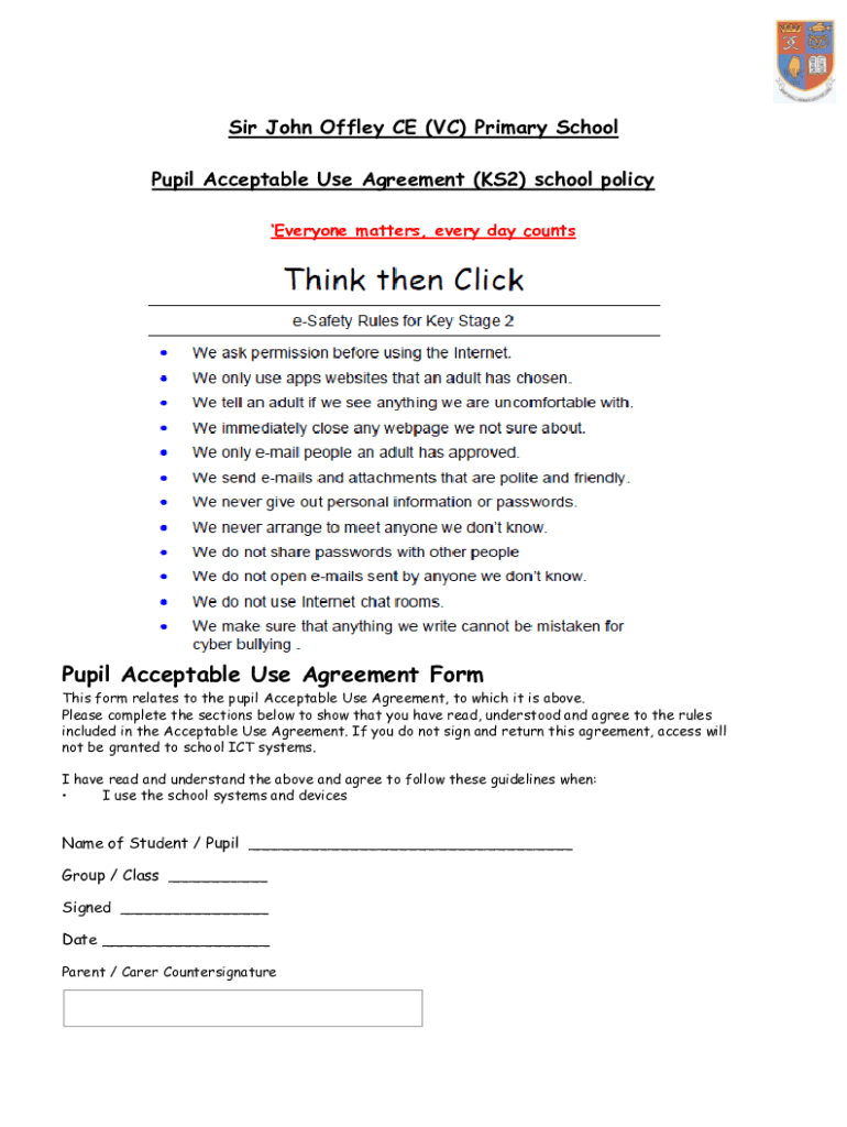 Fillable Online sirjohnoffley co Pupil Acceptable Use Agreement Form ...