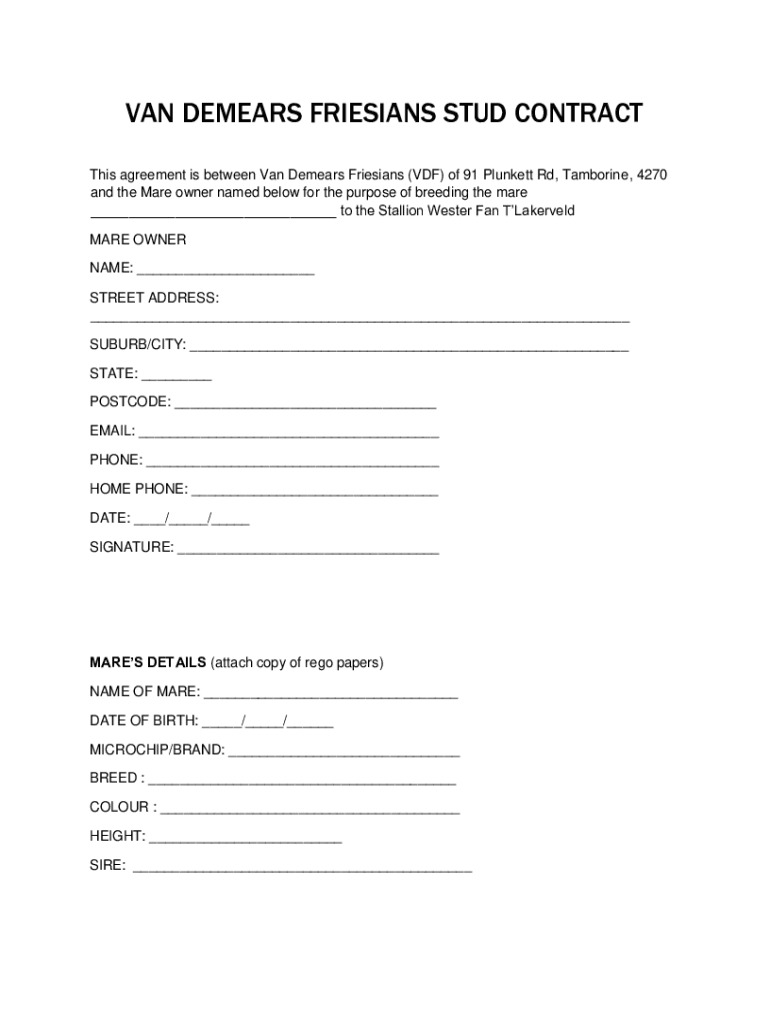 Fillable Online VAN DEMEARS FRIESIANS STUD CONTRACT Fax Email Print ...