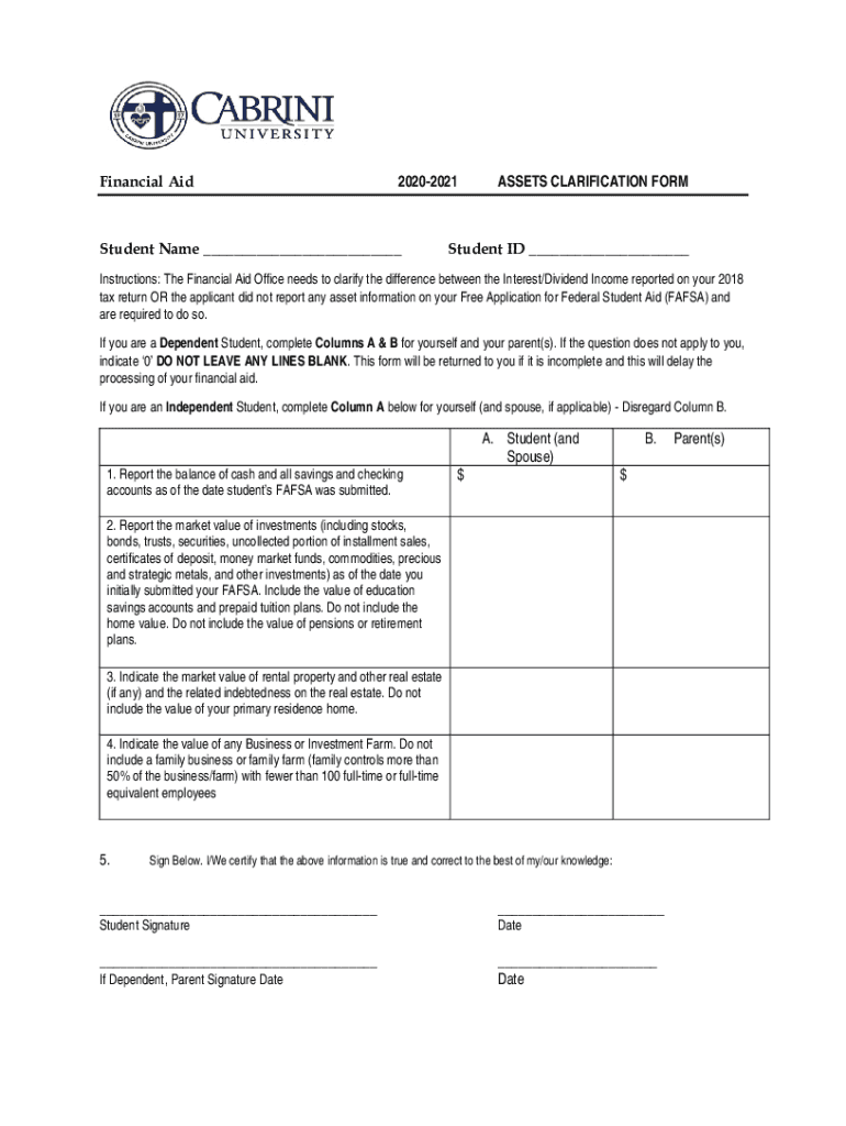 Fillable Online Financial Aid 2020-2021 ASSETS CLARIFICATION FORM Fax ...