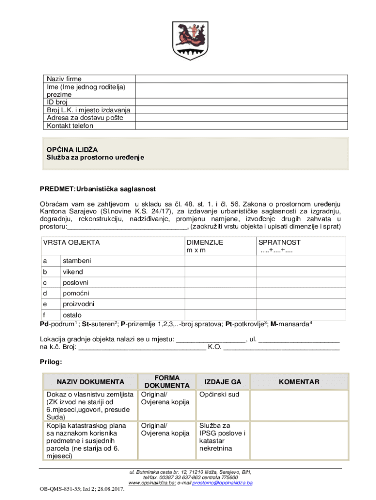 Fillable Online Naziv firme Ime (Ime jednog roditelja) prezime ID broj ...