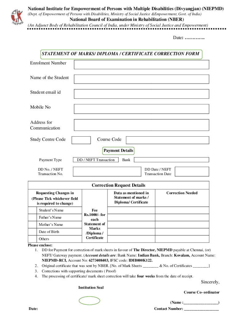 Fillable Online statement of marks/ diploma / certificate correction ...