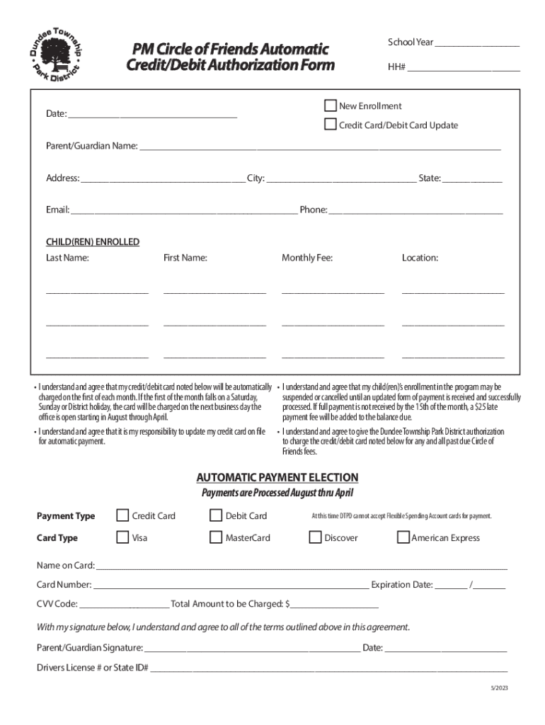 Fillable Online PM Circle of Friends Automatic Credit/Debit ...