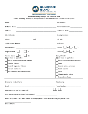 Fillable Online New or Returning Employee and Substitute Form Fax Email ...