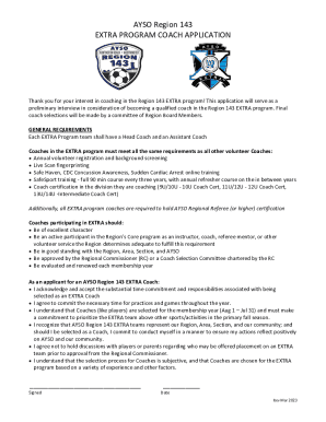 Fillable Online AYSO Region 143 EXTRA PROGRAM COACH APPLICATION Fax ...