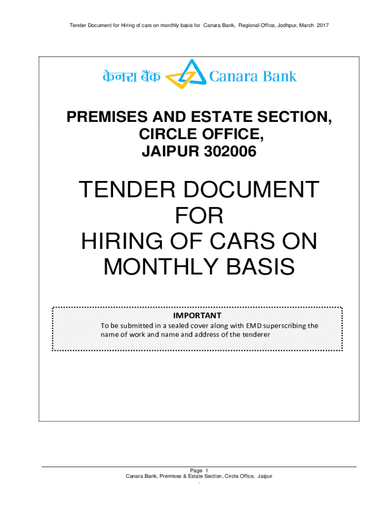 Fillable Online tender document for hiring of cars on monthly basis Fax ...