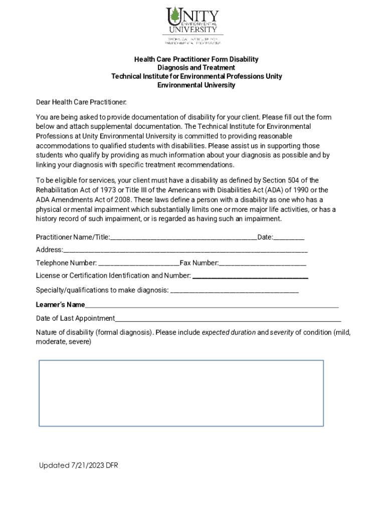 Fillable Online Health Care Practitioner Form Disability Diagnosis and ...