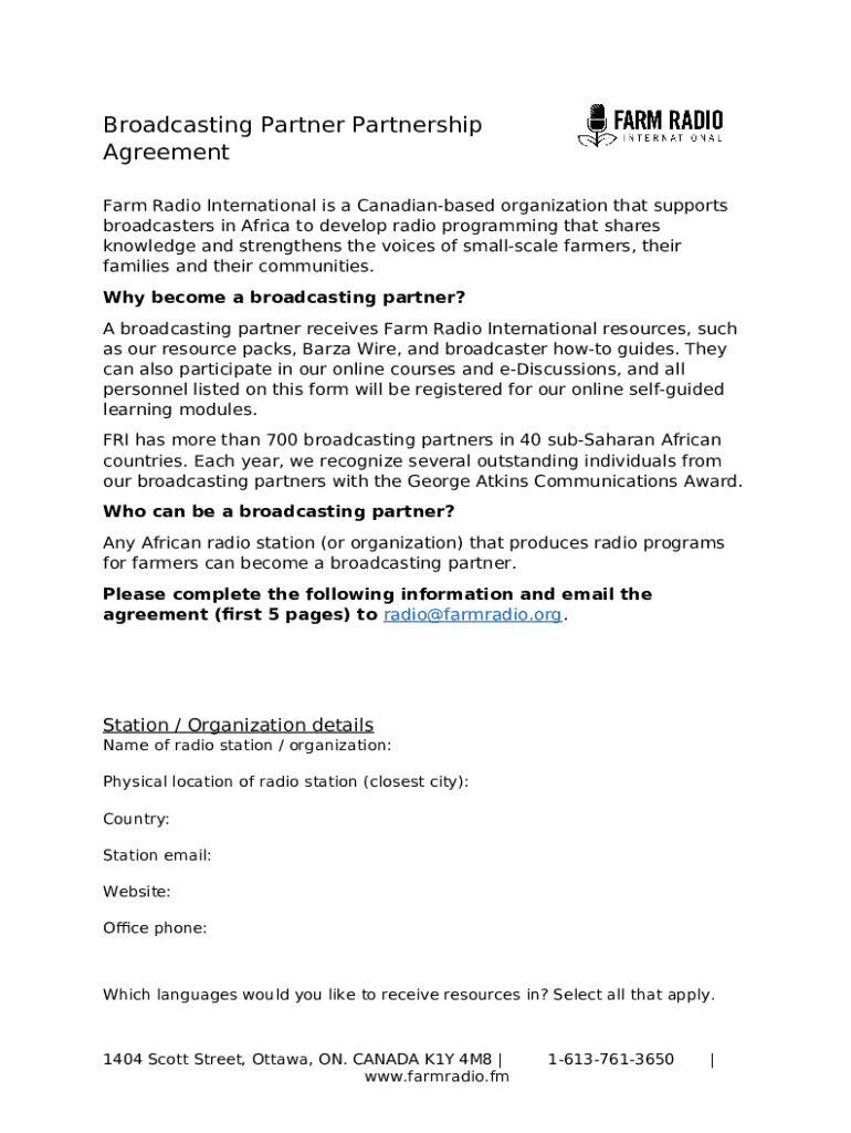 Broadcasting Partner Participation Agreement Doc Template | pdfFiller