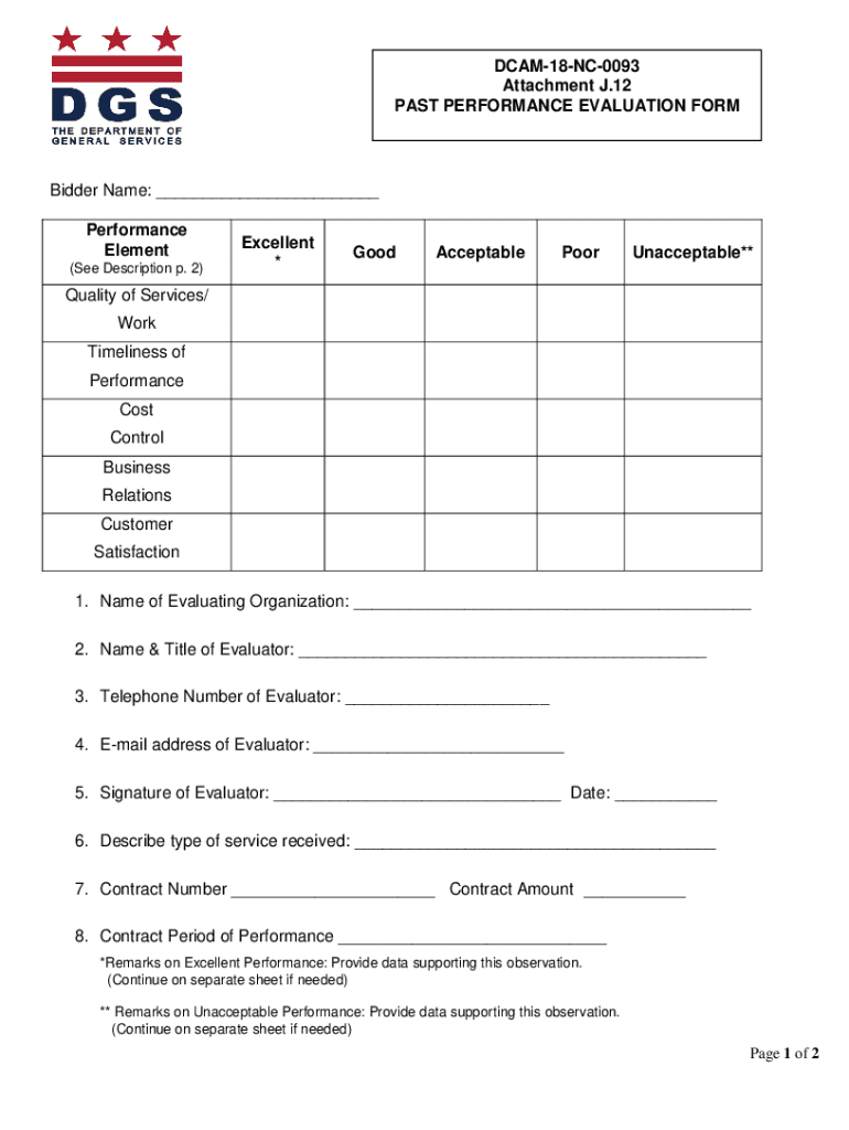 Fillable Online dgs dc Attachment J.5: Past Performance Evaluation Form ...
