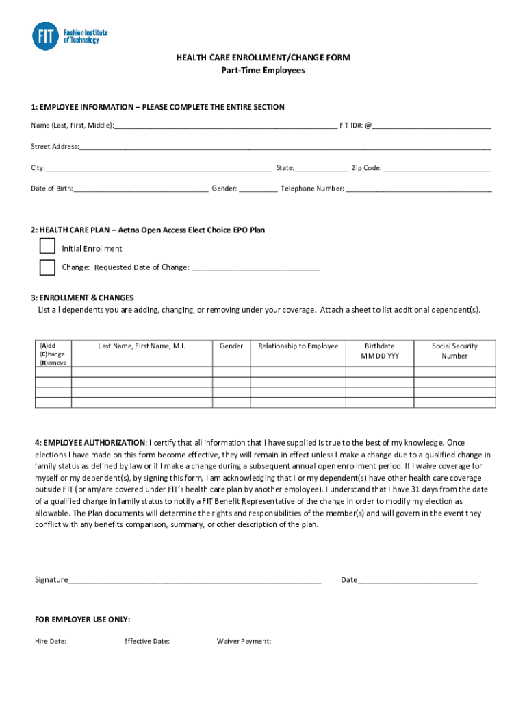 Fillable Online Part-Time Health Care Enrollment Change Form - Final ...