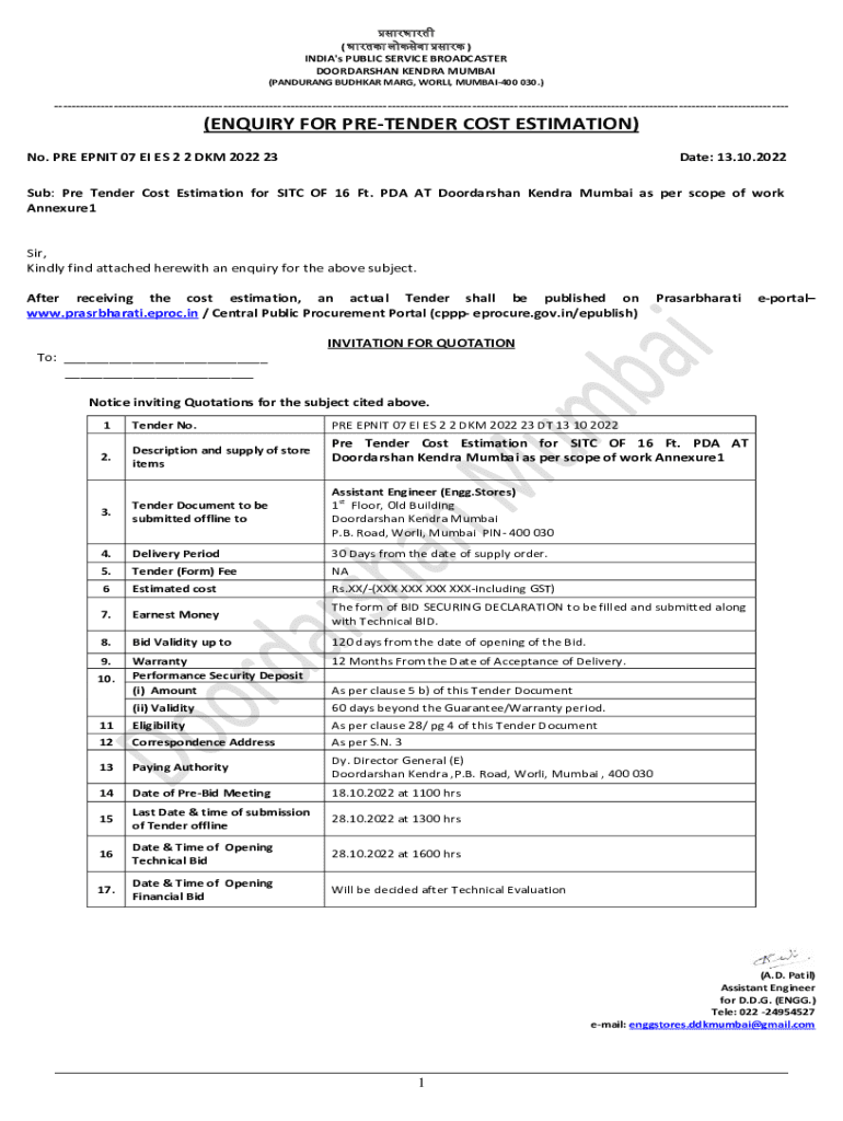 Fillable Online prasarbharati gov (ENQUIRY FOR PRE-TENDER COST ...