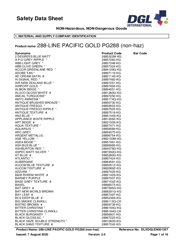 Fillable Online Safety Data Sheet Product name: 288-Line Pacific Gold ...