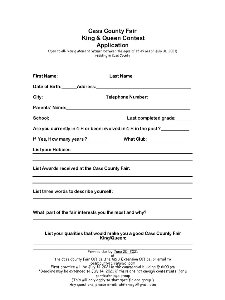Fillable Online Cass County Fair King & Queen Contest Application Fax ...