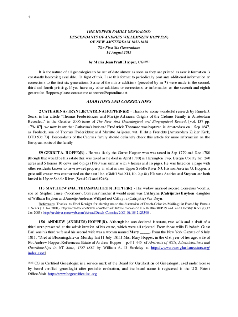 Fillable Online The Hopper family genealogy : descendants of Andries ...