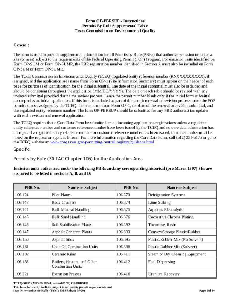 TCEQ 20875 - Permit By Rule Supplemental Table. TCEQ - Permit By Rule ...