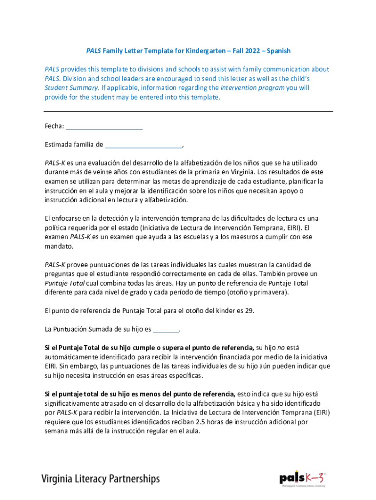 Completable En línea PALS Family Letter Template for Kindergarten Fall ...
