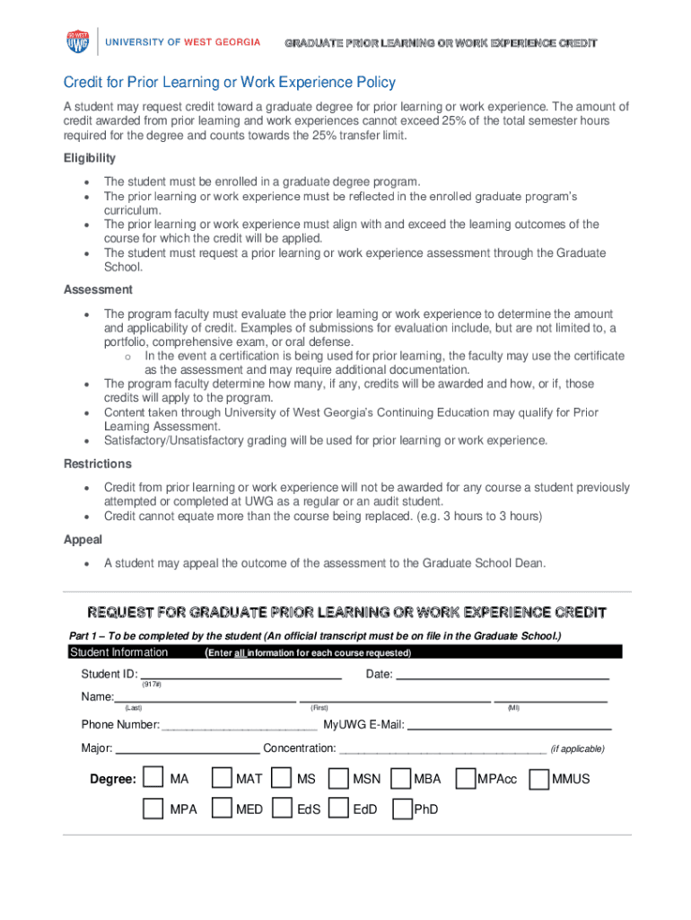 Fillable Online Get Work or Life Experience Credit Toward Your Degree ...